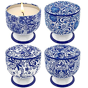4 Pack Scented Candles, 4oz Soy Wax Portable Tin Candle with Blue and White Pattern, Candle Gift Set for Christmas Thanksgiving and Housewarming