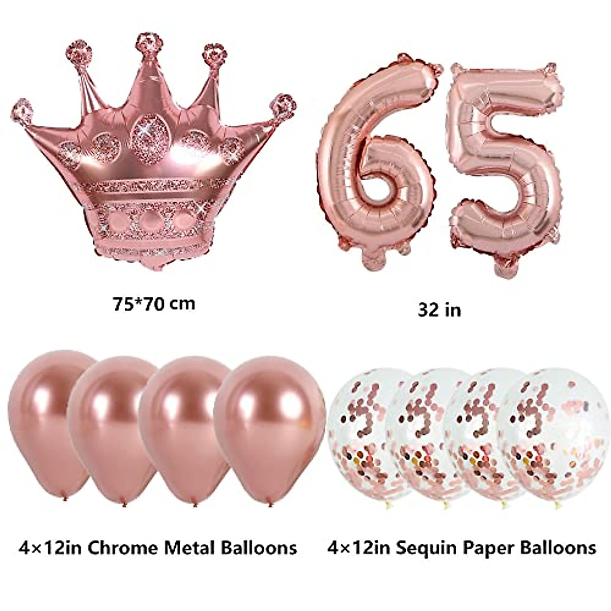 KUNGOON 65th Birthday Balloon,Rose Gold Number 65 Mylar Balloon,Funny 65th Birthday/Wedding Anniversary Crown Aluminum Foil Balloon Decoration for Women/Men.