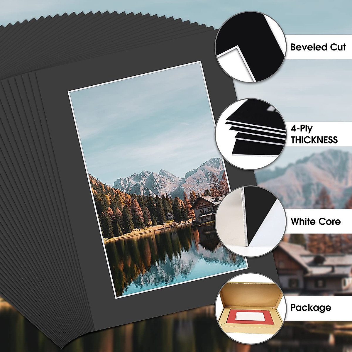 Golden State Art, Acid Free, Pack of 100, 5x7 Black Picture Mats Mattes for 4x6 Photos - White Core Bevel Cut