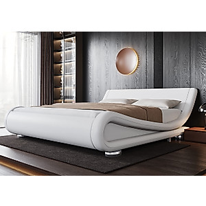 Allewie Queen Size Upholstered Platform Bed Frame with Ergonomic & Adjustable Headboard, Modern Low Profile Sleigh Design - Easy Assembly, No Box Spring Needed, White