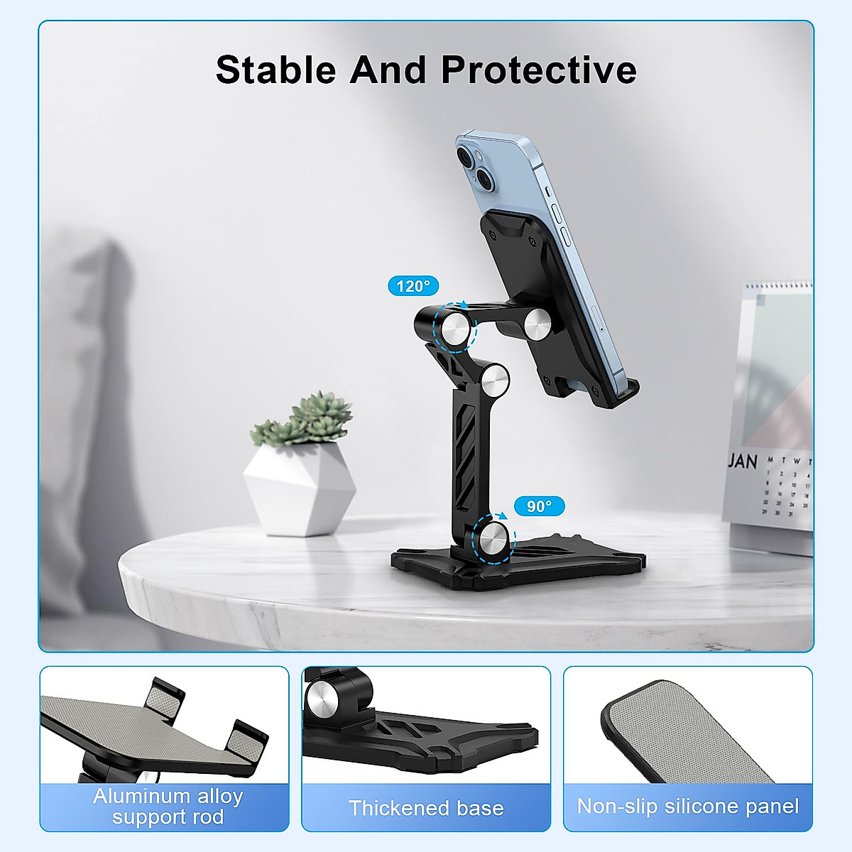 Android Cell Phone Stand Mount for Desk, iPAD Adjustable Height & Angle Phone Holder,Foldable Phone Stand for Recording Compatible iPhone 15 Pro Max Samsung Galaxy Z Flip 5 A14 5G A54 A13 S23