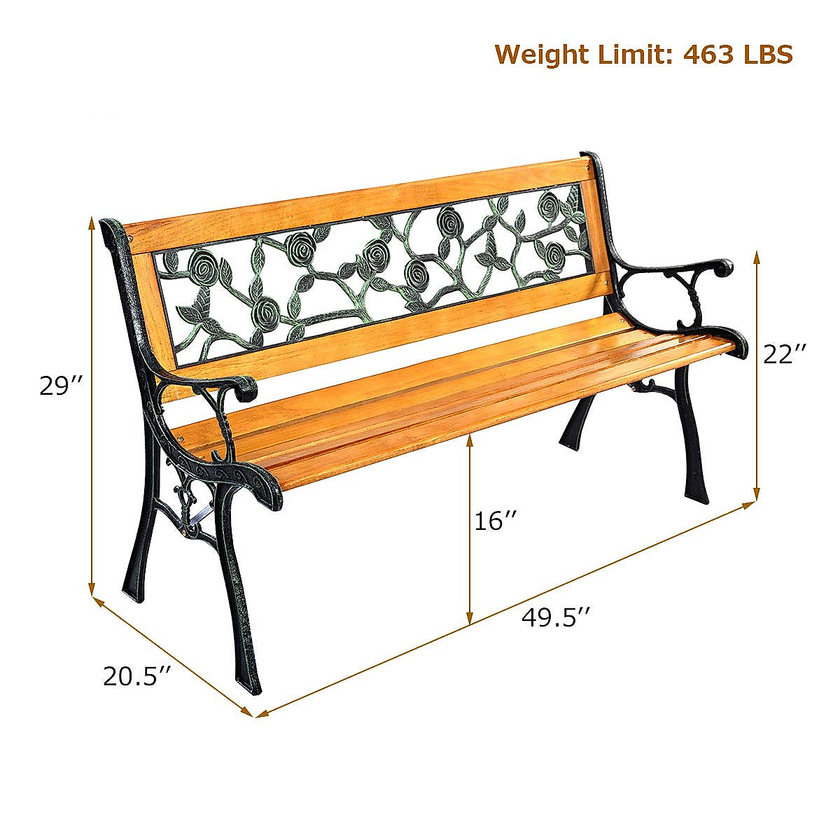 S AFSTAR Outdoor Garden Bench, Outside Porch Loveseat with Rose Cast Backrest & Stable Metal Legs, 2-3 Person Park Bench, Weather Proof Outdoor Bench for Patio Garden Backyard Poolside