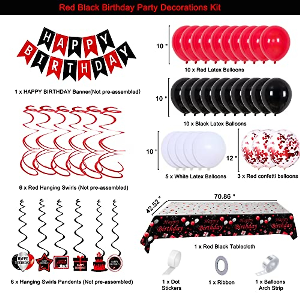 Red and Black Party Decorations, Birthday Decorations for Boys Girls Red Bady Party Supplies for Men Women BirthdayTablecloth Hanging Swirls Decor for 13th 15th 16th 18th 21st