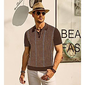 PJ PAUL JONES Retro Knitted Polo Shirt for Men 1950s Houndstooths Shirt Short Sleeve Button Down Knit Polos Knit Light Coffee S