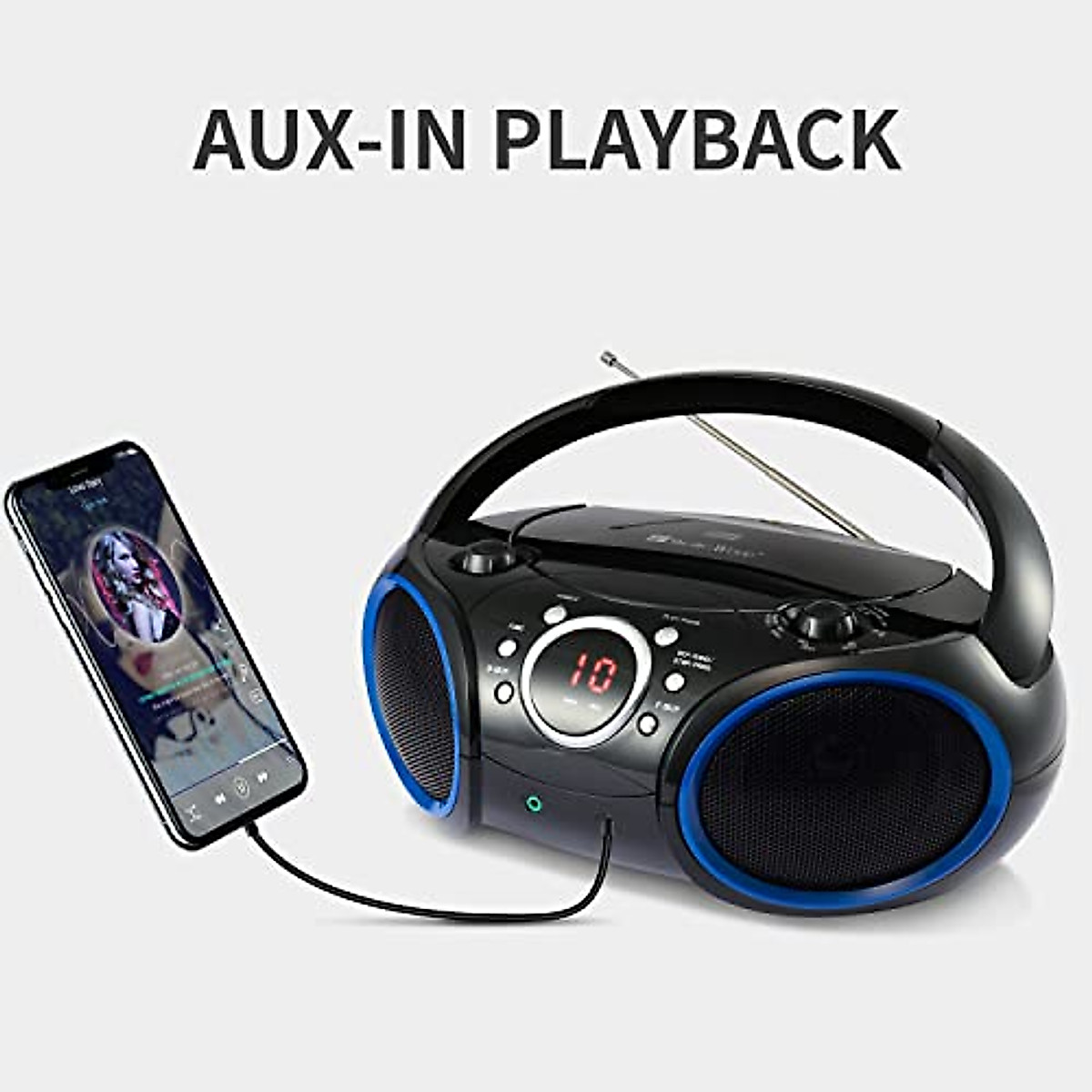 SINGING WOOD 030C Portable CD Player Boombox with AM FM Stereo Radio, Aux Line in, Headphone Jack, Supported AC or Battery Powered (Black with a Touch of Blue Rims)