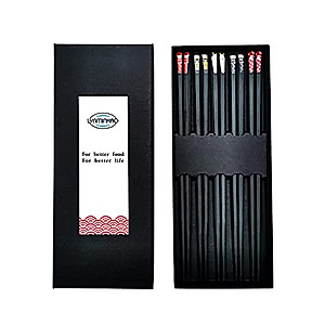 Fiberglass Chopsticks Reusable Korean Japanese Chinese Chop sticks, 5 Pairs 9 1/2 inch Black, Dishwasher safe, Non-slip Stripe gift-box Pack Cool Chopstick