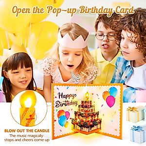 FITMITE Birthday Cards, Musical Pop Up Birthday Cards with Light, Blow Out LED Light Candle and Play Happy Birthday Music Pop Up Card, 90 Degree Vertical Cake Greeting Card, Birthday Gifts for Women