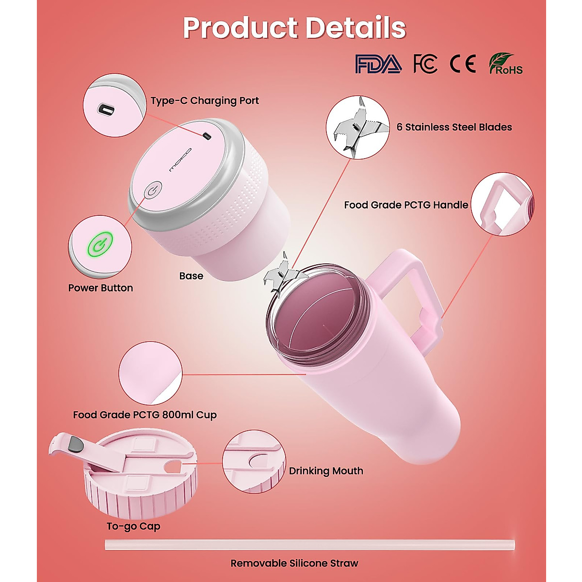 Portable Blender,MoKo 300W Portable Blender for Shakes and Smoothies,22 oz Personal Blender,Smoothie Blender with 6 Blades,BPA Free,USB Rechargeable,Handle and Straw Lid, Blender for Anywhere, Pink