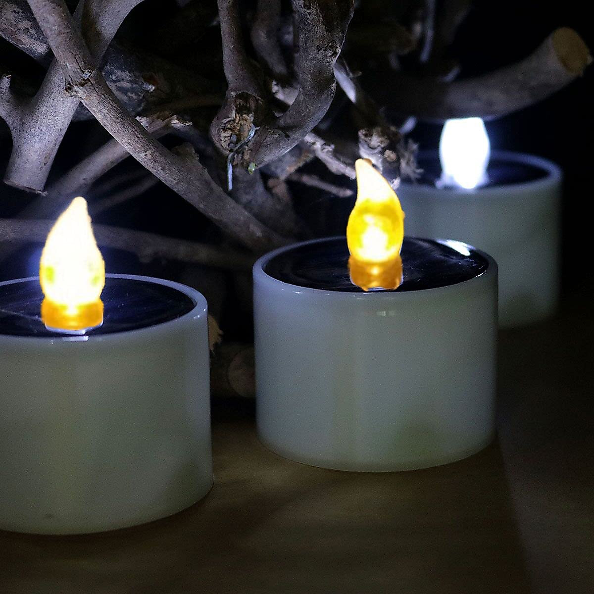Christmas Decor 6 Pieces Romantic LED Flameless Candles Lights/Lamps, Solar Power LED Tea Light Candles Nightlight for Home Decor (Yellow Flickering)
