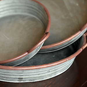 Farmers Deep-Dish Round Trays, Set of 3, Rustic Vintage Style, Galvanized Zinc Metal, 18, 15.75, and 12.25 Inches Diameter