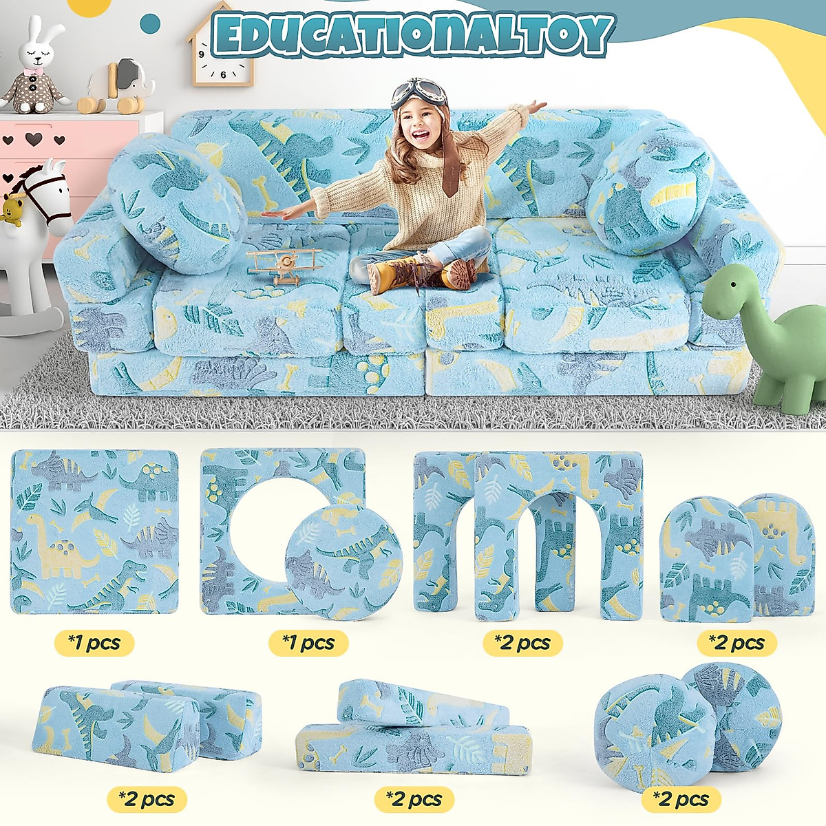 Olasme 13PCS Kids Play Couch, Foam Modular Kids Couch Sofa, Glowing Toddler Couch Convertible Baby Play Couch Children Sofa for Playroom Bedroom (Blue)