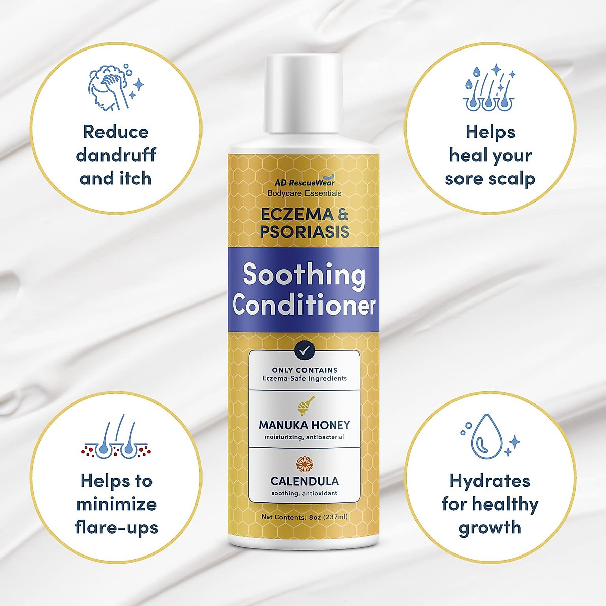 AD RescueWear - Bodycare Essentials Soothing Conditioner - For Eczema and Psoriasis - With Manuka Honey, Shea, and Calendula - Fragrance Free - Made in the USA - 8 OZ