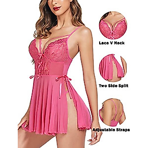 Avidlove Lace Lingrie Women V Neck Babydoll Strap Chemise Sexy Sleepwear Nighgown Side Spilt Nightwear Boudior Nighty Rose Red