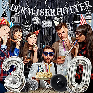 30th Birthday Decorations for Him,Black and Silver Older Wiser Hotter Banner,Sash,Cake Toppers,Hanging Swirl,Foil Fringe Curtain,Happy Birthday Balloons for Men Women Thirty Birthday Party Supplies