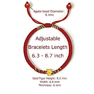 ZHOU LIU FU 24K Solid Gold Bracelet, Real Pure Gold Jewelry Charm Red Braided Bracelets Dainty Lucky Chinese Zodiac Tiger Ruyi Ingot Chain for Women Men Girlfriend