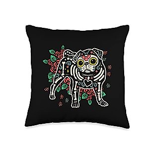 Sugar Skull Decor Halloween Day Of The Dead Gift Sugar Skull Pug Dia De Los Muertos Halloween Dog Mexican Throw Pillow, 16x16, Multicolor