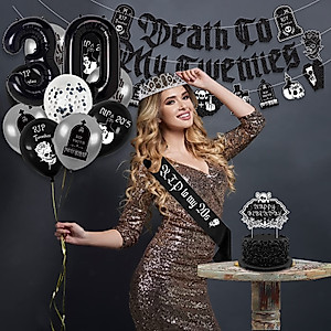 ADLKGG 30th Birthday Decorations for Women or Men, Death to My 20s Decorations with Death to My Twenties Banner, Rip to My 20s Sash, Cake Toppers for Funny Thirty Birthday Party Supplies (Black)