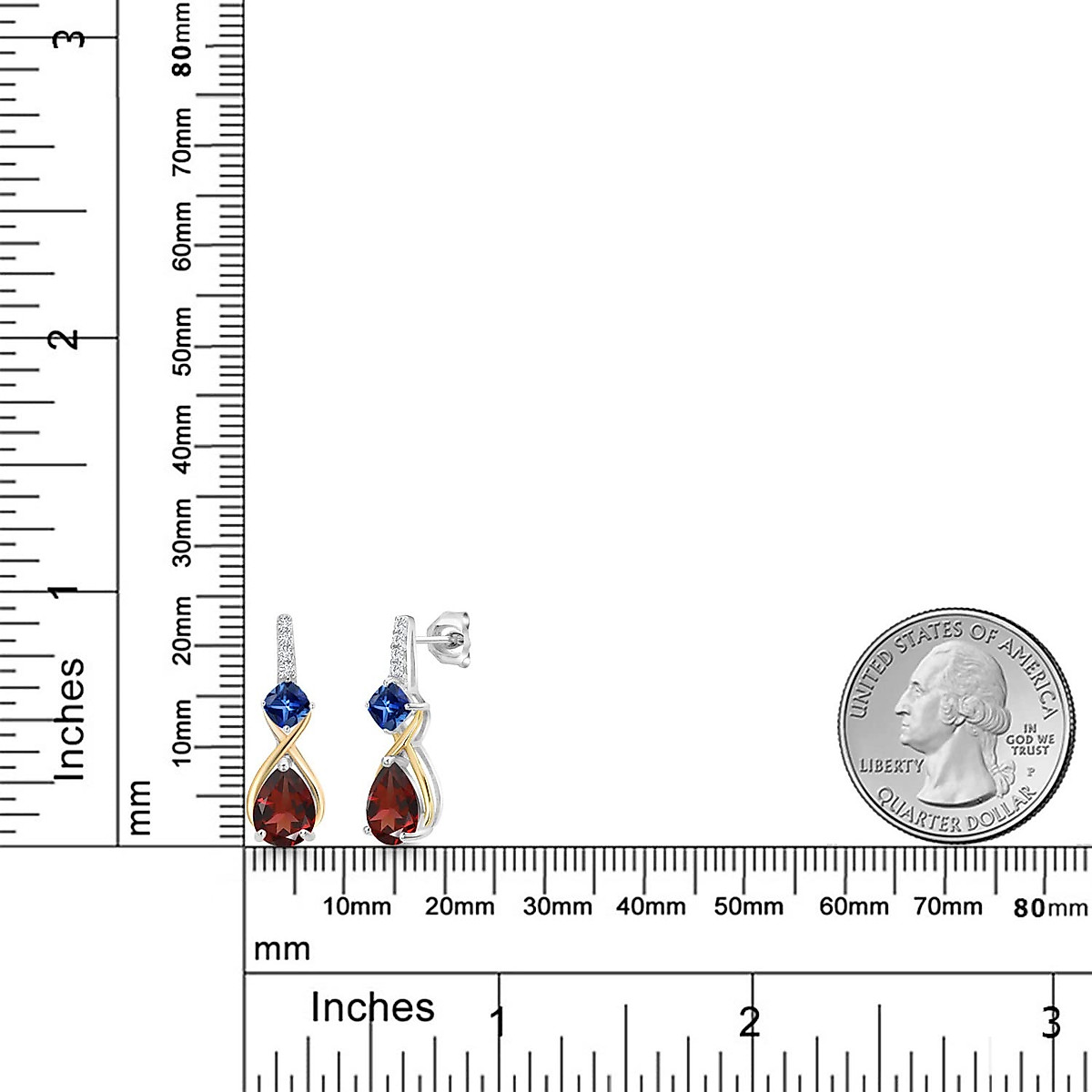 Gem Stone King 925 Sterling Silver and 10K Yellow Gold Pear Shape Red Garnet Blue Created Sapphire and White Lab Grown Diamond Dangle Earrings For Women (3.37 Cttw, Pear Shape 8X6MM)