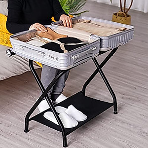 Heybly Luggage Rack,Pack of 2,Steel Folding Suitcase Stand with Storage Shelf for Guest Room Bedroom Hotel,Black,HLR002B2