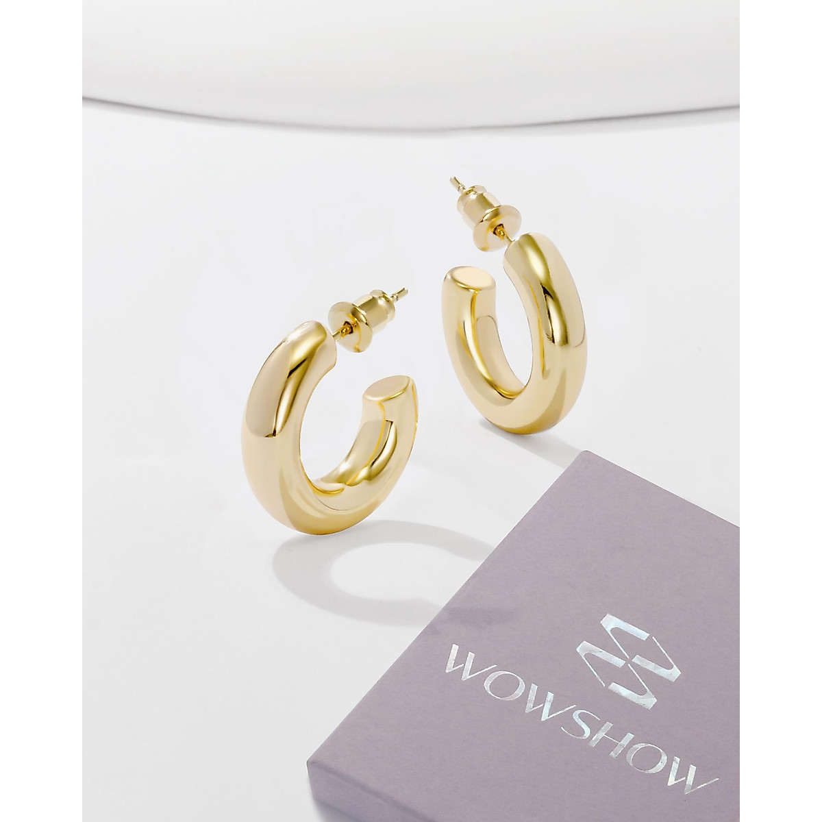wowshow Chunky Gold Hoop Earrings, Small Gold Hoop Earrings for Women 14K Real Gold Plated 20mm Thick Open Hoops Lightweight