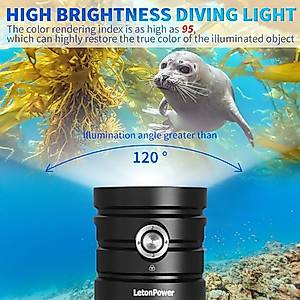 LetonPower Turbo S Pro Dive Light, 13000Lumens 100m Underwater Video Light,Diving Flashlight,Waterproof Flashlight with Type-C Charging for Professional Under Water Sports