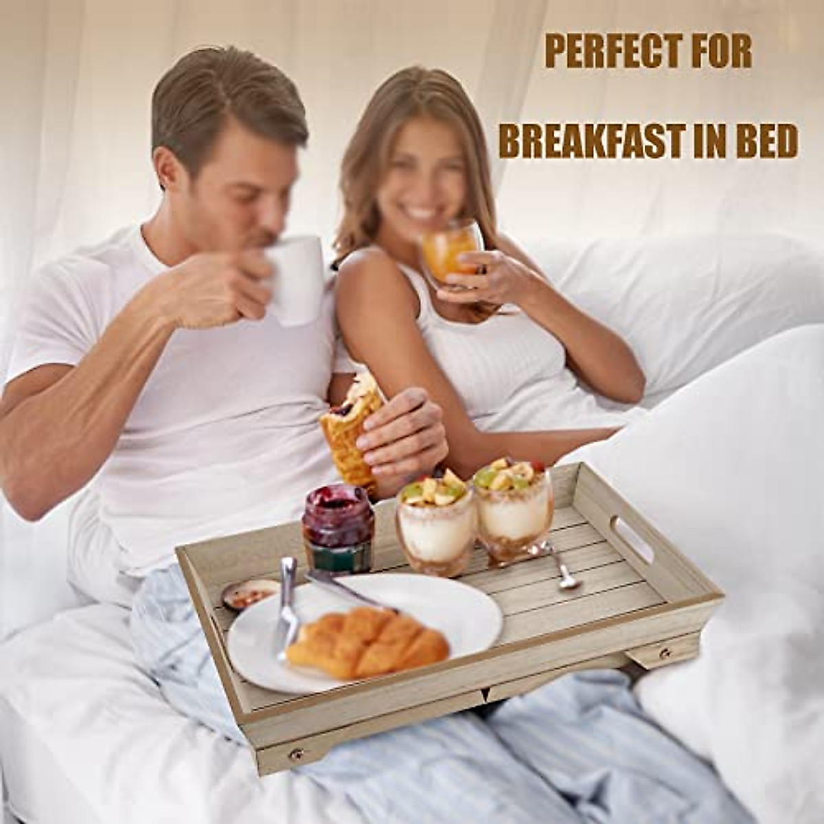 TRSPCWR 2 Pack Bed Tray Table Breakfast Trays with Foldable Legs, Wood Food Dinner Serving Tray for Bedroom, Hospital, Home, Used As Laptop Desk Snack Tray