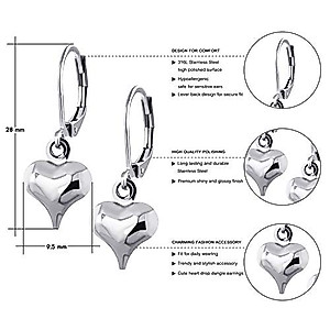 555Jewelry Stainless Steel Heart Shaped Earrings for Women - Silver Heart Hoop Earrings, Heart Love Cute Dangle Drop Lever Back Earrings - 1.1 inches