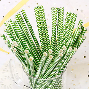 Paper Straws, Webake Paper Drinking Straws, 100 Bulk 7.75 Inch Disposable Biodegradable Straws, Wave Patterned Restaurant Supplies Party Decorations, Christmas Green Striped
