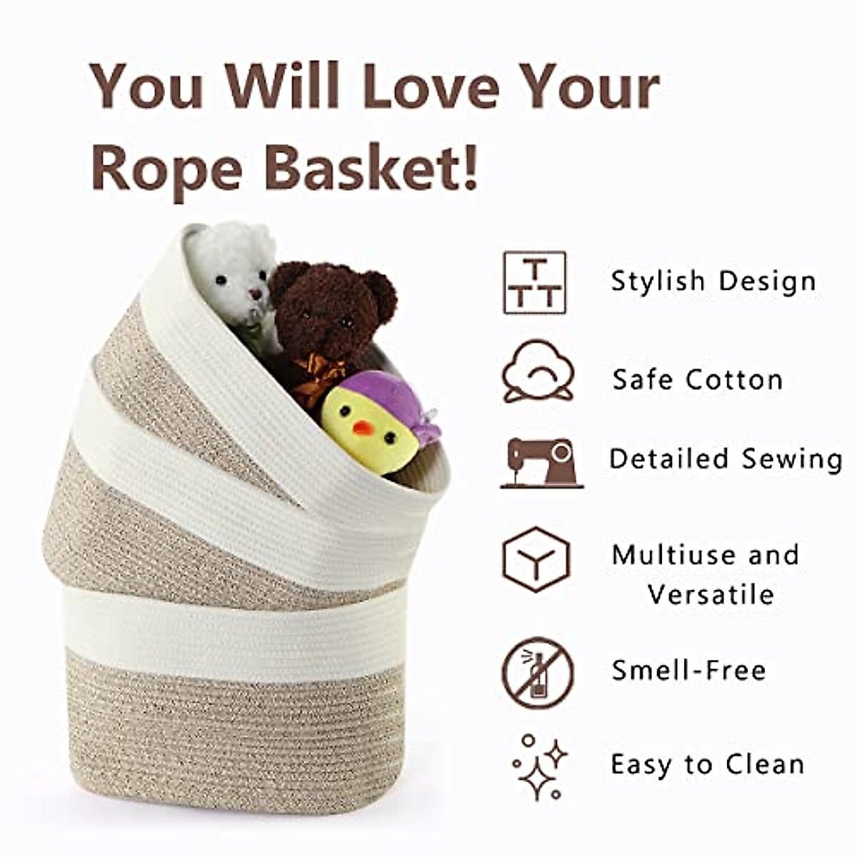 CASAVIDA Woven Baskets for Storage Set of 3, Cotton Rope Basket Storage Baskets for Organizing with Handles, Closet Soft Storage Baskets for Shelf Nursery Baby Laundry Living Room & Bedroom