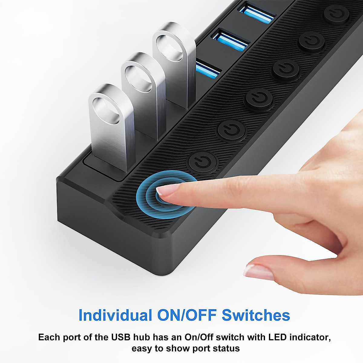 ONFINIO USB Hub 3.0 Powered, 6 Ports USB Hub Splitter (4 High Speed Data Transfer Ports + 2 Smart Charging Ports) with Individual On/Off Switches and 48W Power Adapter for Mac Pro/Mini, PC, HDD, Disk