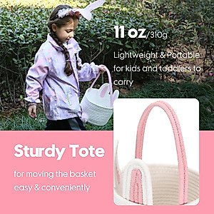 Sea Team Easter Bunny Basket for Eggs Hunt, Easter Eggs Bucket, Small Woven Cotton Rope Tote Bag with Rabbit Ears & Fluffy Tail for Kids, Easter Days Decoration, Party, Holidays, Pink