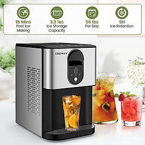 COSTWAY Self Dispensing Nugget Ice Maker Countertop, 56 Lbs/24H Soft Chewable Ice, Pebble Ice Maker with Self-Cleaning, One-Button Operation, Portable Stainless Steel Ice Maker for Home Office Party
