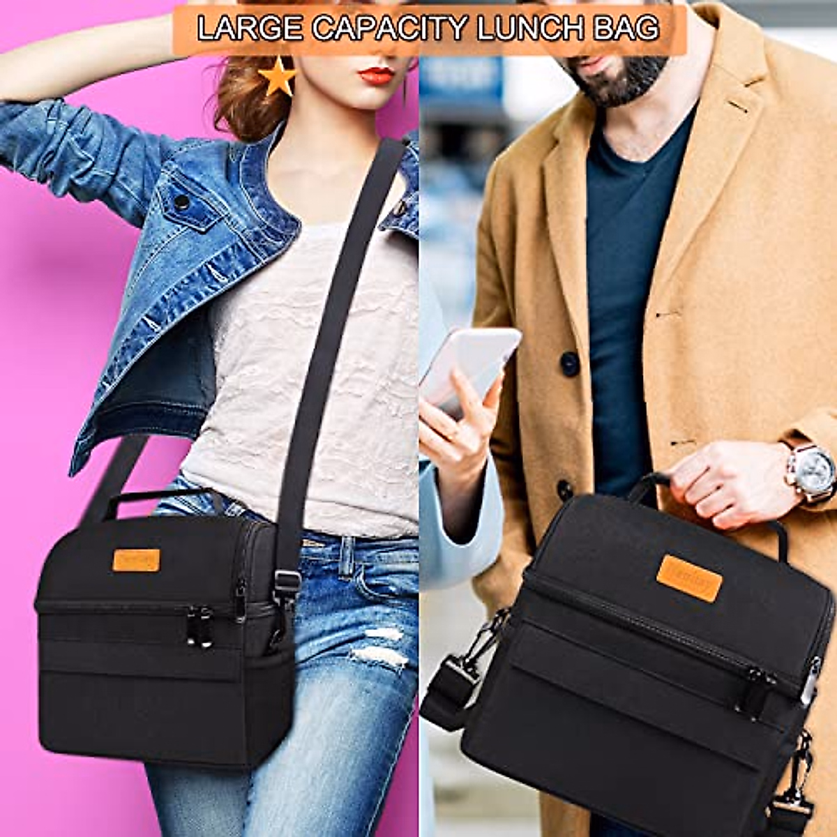 Naukay Dual Compartment Lunch Bag, Lunch Box for Women Men, Reusable Insulated Lunch Bags Cooler Tote Box with Adjustable Shoulder Strap for Office Work Picnic Hiking Beach Party Fishing- Black