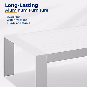 Wisteria Lane Aluminum Outdoor Furniture Patio Coffee Table, All-Weather Outdoor Metal Coffee Table, Modern Rectangle Coffee Table for Balcony, Garden, White