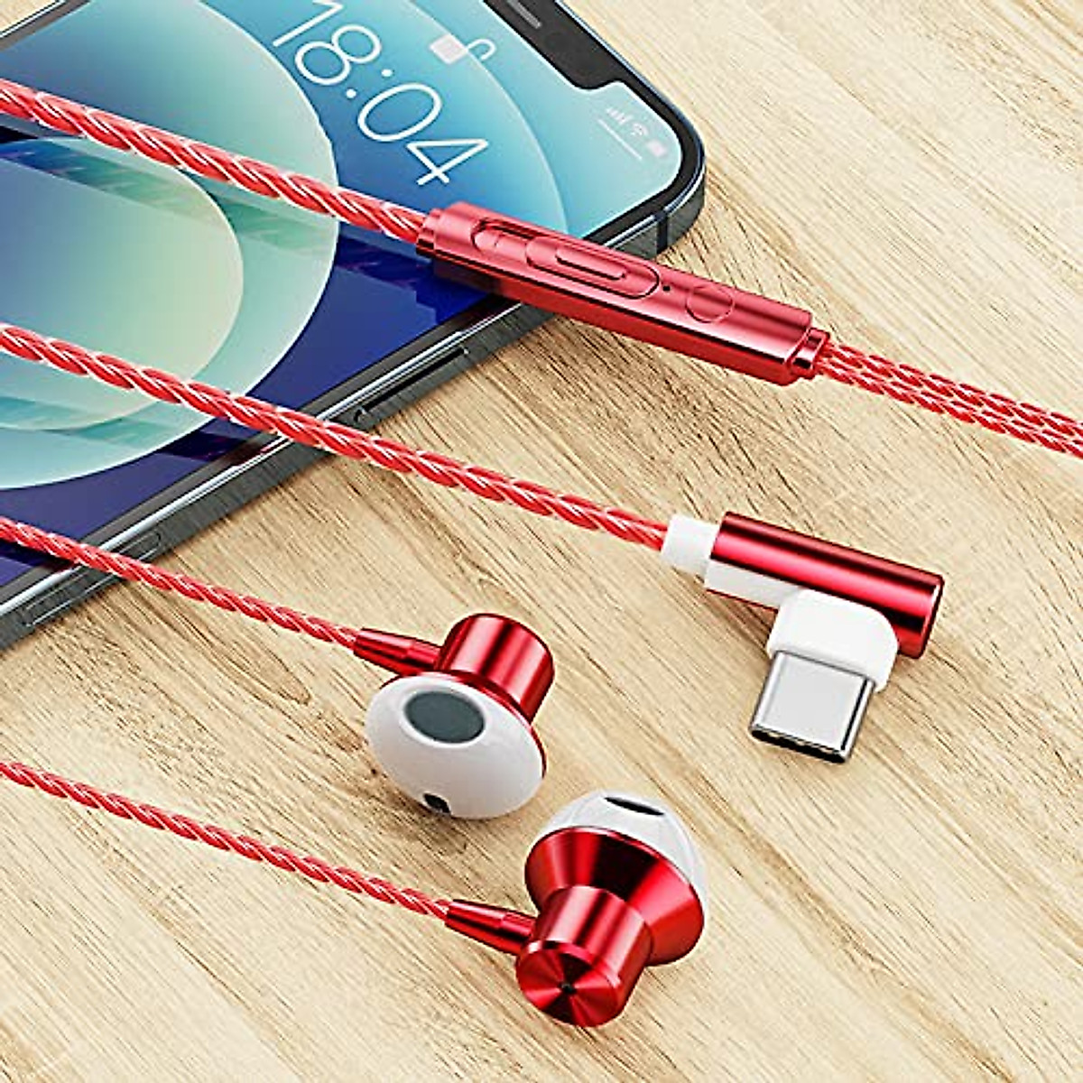 Heave USB Type C Wired in-Ear Earbuds with Mic,Noise Cancelling Headsets Sports Headphones with Stereo Deep Sound for Running Workout Red