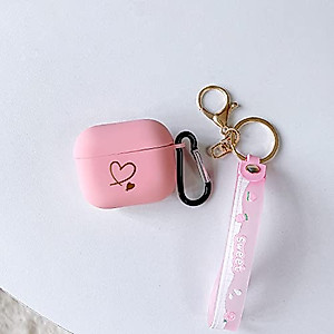 Ownest Compatible with AirPods 3 Case Cover 2021 Soft TPU with Gold Heart Pattern Cute Fruit Flowers Keychain Shockproof Case for Women Girls Only for Airpods 3th Generation-Pink