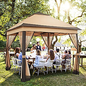 Yaheetech 11'x11' Pop Up Gazebo Outdoor Canopy Shelter Instant Pop Up Patio Gazebo Sun Shade Gazebo Canopy Tent with Double Tiers and Mesh Netting, for Lawn, Garden, Backyard and Deck (Khaki&Brown)