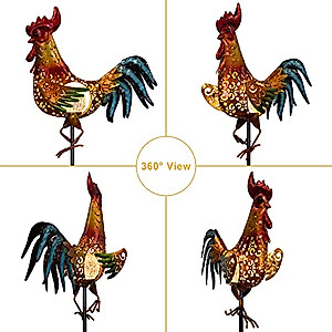 Tryme Solar Lights Outdoor Decorative Rooster Garden Decor Chicken Crackle Glass Globe Stake Lights Waterproof Warm White LED Yard Decor for Pathway Lawn Patio Courtyard Backyard