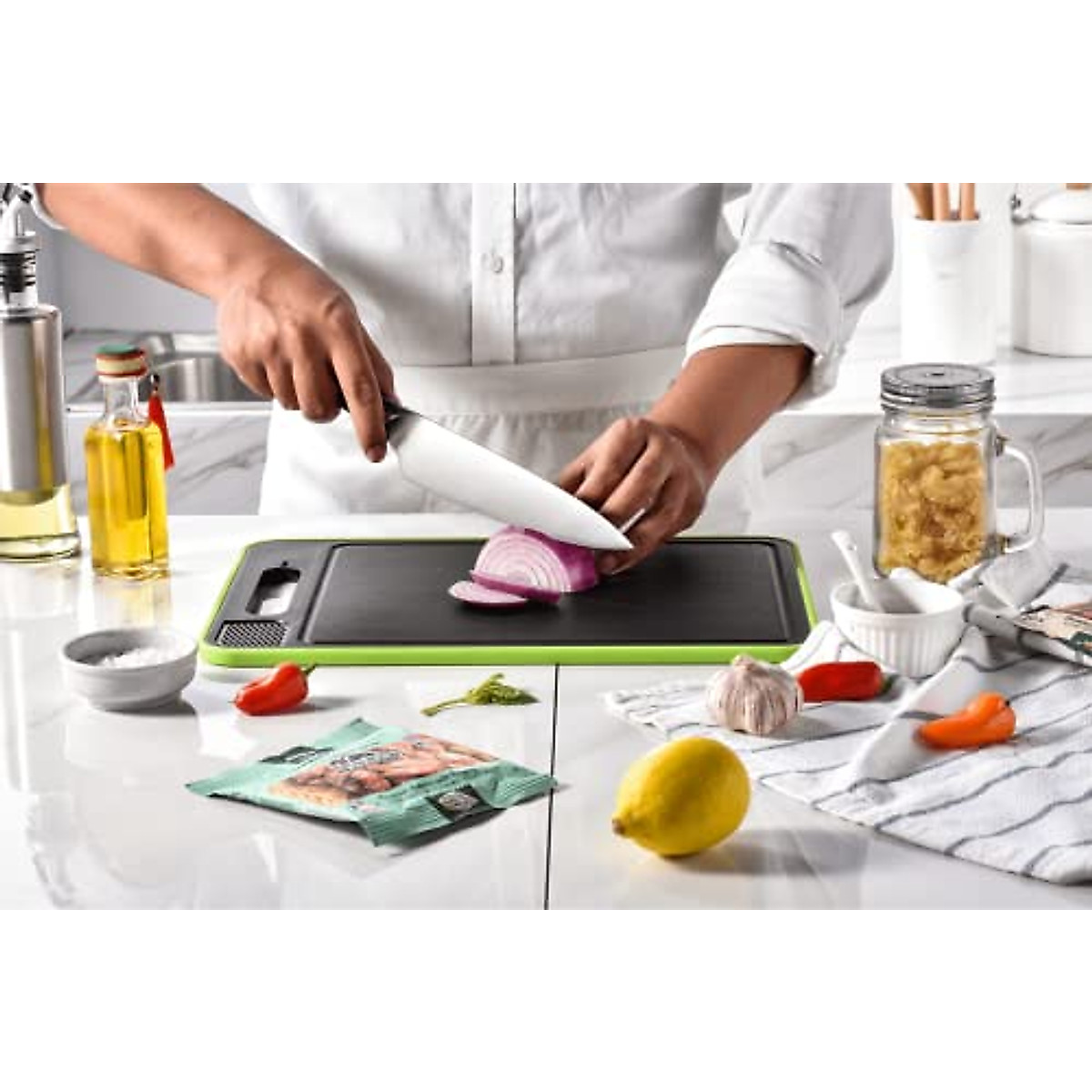 Bandeja de Descongelación - Tabla de cortar 4 en 1, Tabla Multifuncional con Afilador de Cuchillo, Rallador de ajo, Tabla para descongelar carne, Tabla de cortar antideslizante doble cara.