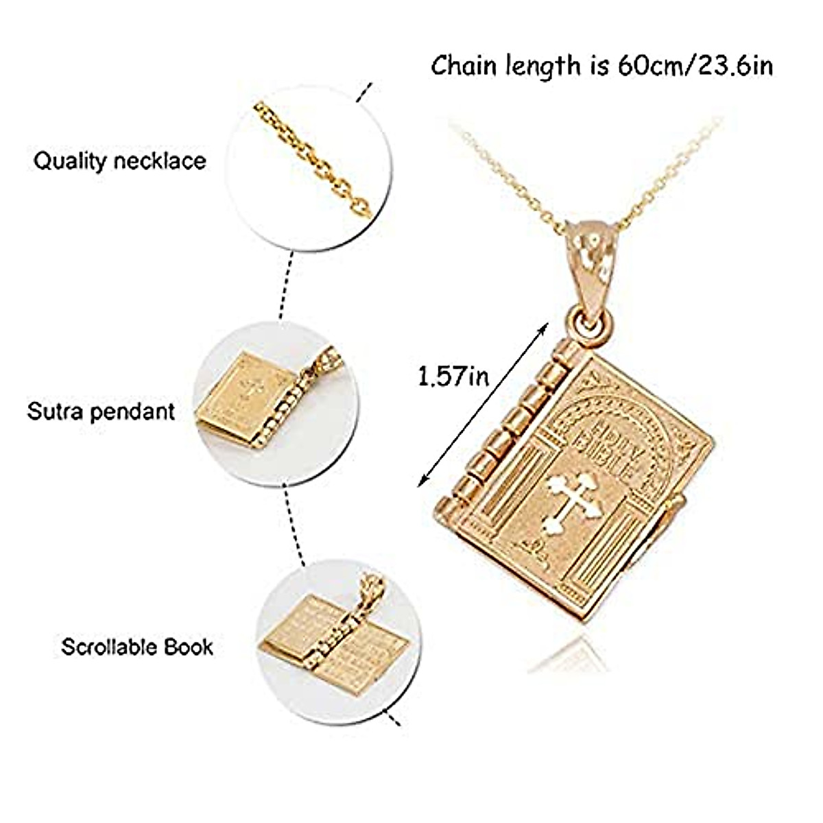QYAJS Pendant Christian Miniature Readable Bible Necklace Holy Bible Book Pendant Necklace Prayer Christian Scripture 1.57inch (Chain Length 23.6inch)