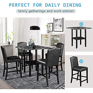 Bellemave Counter Height Dining Table Set with Storage Shelf 5 Piece Bar Height Faux Marble Table and Chairs Dinning Room Breakfast Table Set Pub Table and Chairs Set of 4, Black Chair+Black Table