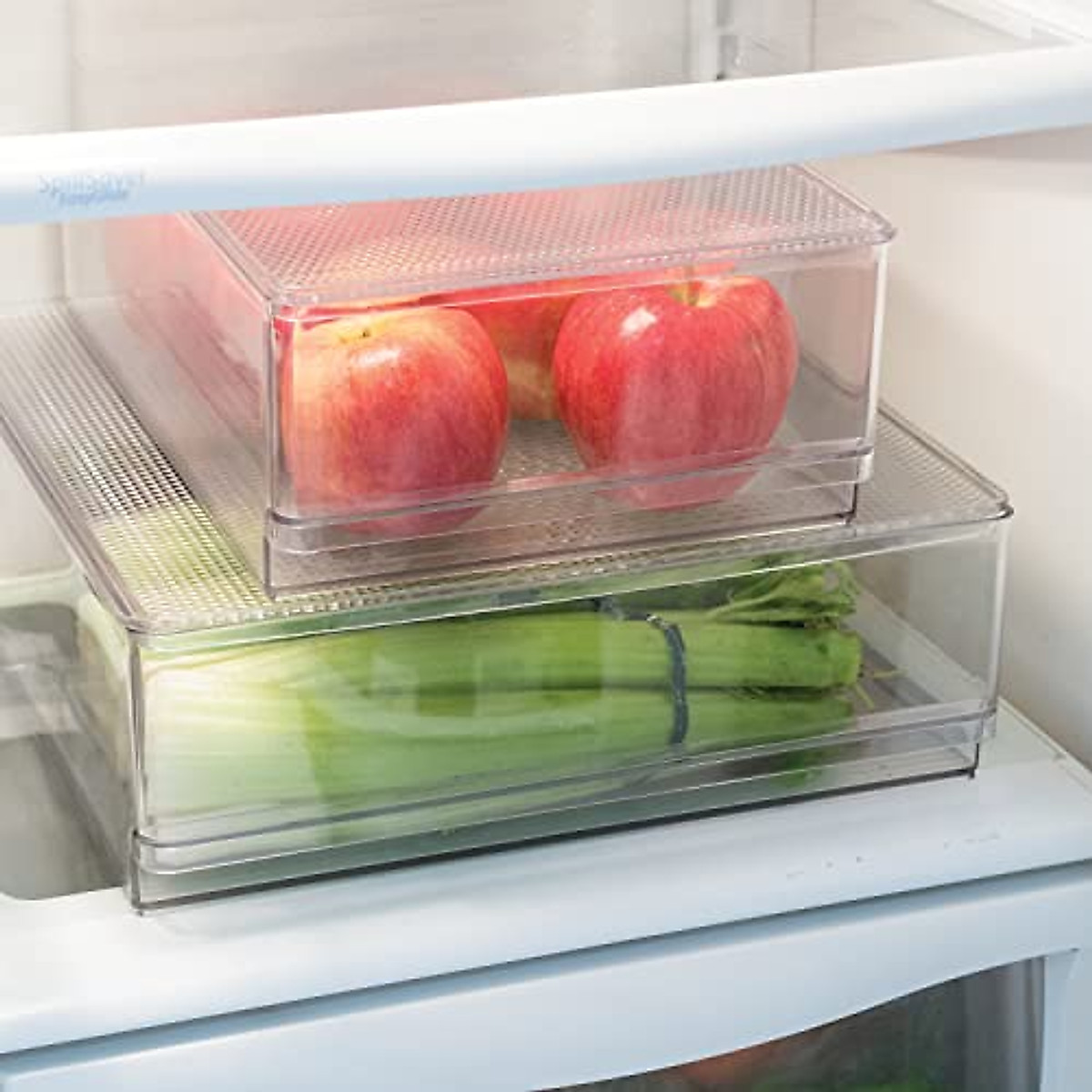 Oggi Clear Stackable Storage Bin with Lid - Ideal for Kitchen, Pantry, Cabinet, Bathroom, Bedroom, Kids, Refrigerator, Freezer. With Handles - Organize Jars, Packets, Snacks, Pasta - 12x4x4