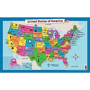 USA Wall Map for Kids with Illustrations- United States Poster Map for Home or Classroom, (18” x 29” Laminated)