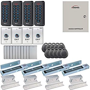 Visionis FPC-7298 Four Door Access Control System for 4 Doors Inswing Door 600lbs MagLock Time Attendance TCP/IP Wiegand Controller, Black RFID Card Reader and Keypad, 10,000 Users Software Kit