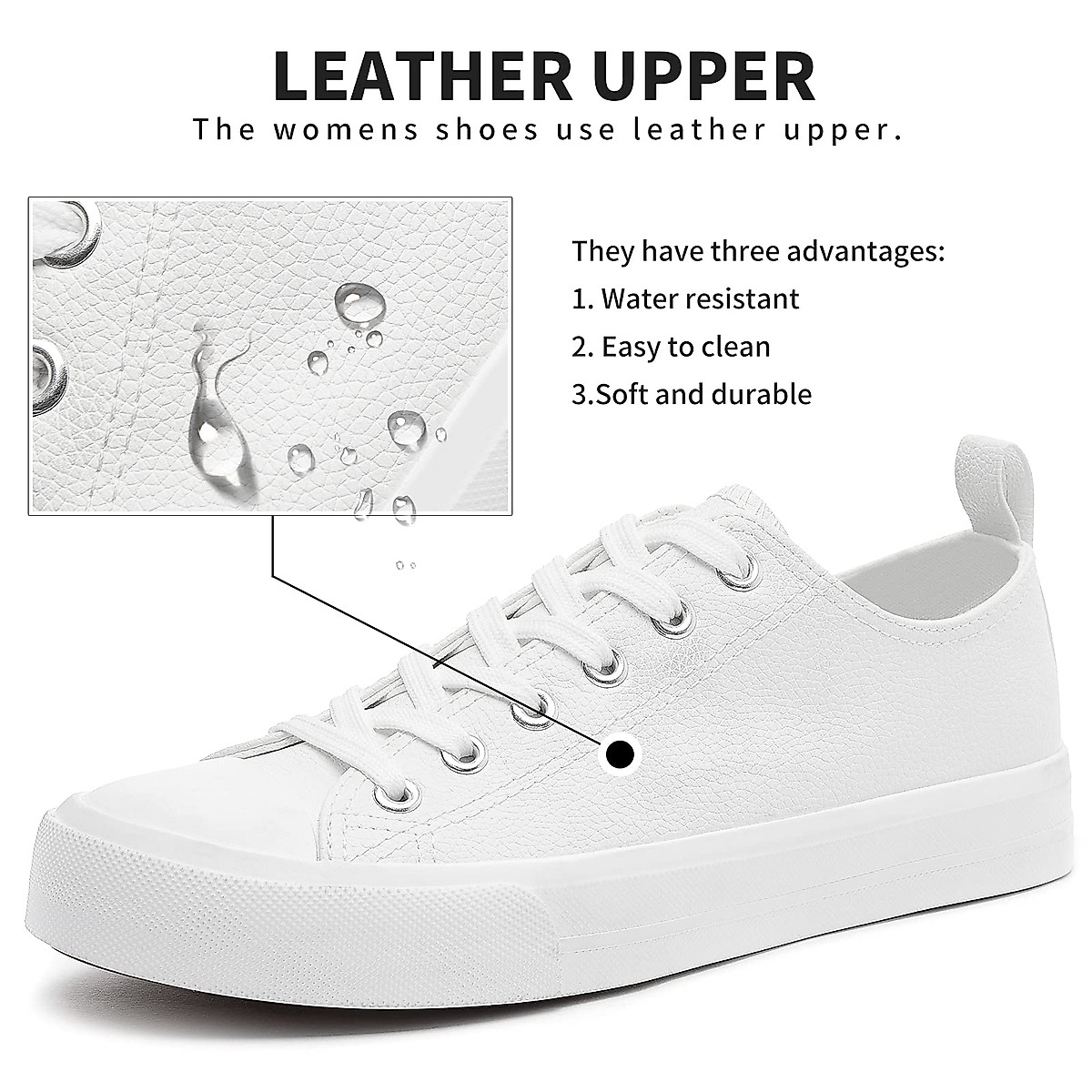 FRACORA Women's PU Leather Tennis Shoes Low Top lace up Casual Shoes Comfortable Fashion Sneaker(White,US9)