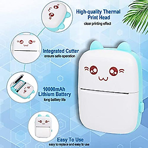 Portable Printer, Mini Pocket Wireless Bluetooth Thermal Printers with 6 Rolls Printing Paper for Android iOS Smartphone, BT Inkless Printing Gift for Label Receipt Photo Notes Study Home Office, Blue