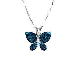 Diamondere Natural and Certified London Blue Topaz and Diamond Butterfly Petite Necklace in 14k White Gold | 1.11 Carat Pendant with Chain