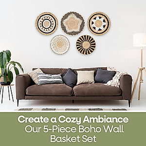 5 Boho Basket Wall Decor Set, hanging Woven Wall Basket Decor, Boho Wall Baskets decor, Basket Wall Art Decor, Eco-Friendly Round Woven Wall Decor, Boho Rattan Wall Decor Gift with Nails & hooks
