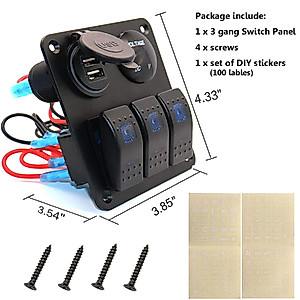 3 Gang Waterproof Marine Boat Rocker Switch Aluminum Panel, DC 12V/24V 5 Pin ON-Off Switch, with Upgrade Arc LED Digital Display Voltmeter and 4.8A Dual USB Slot Socket for Boat Car Rv Vehicles Truck