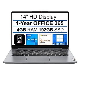 Lenovo Newest IdeaPad Laptop, 14.0" HD Display, Intel N4020, 4GB DDR4 RAM, Built-in 192G SSD(64G eMMC+128G PCIe SSD), 1-Year Office 365, Webcam, HDMI, WiFi 6, Bluetooth, Windows 11, Grey, JVQ MP